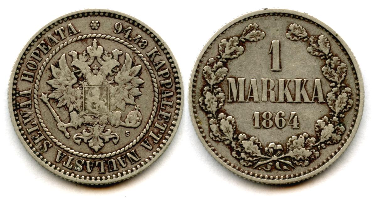 1 markka 1864 hopeaa - Holmasto