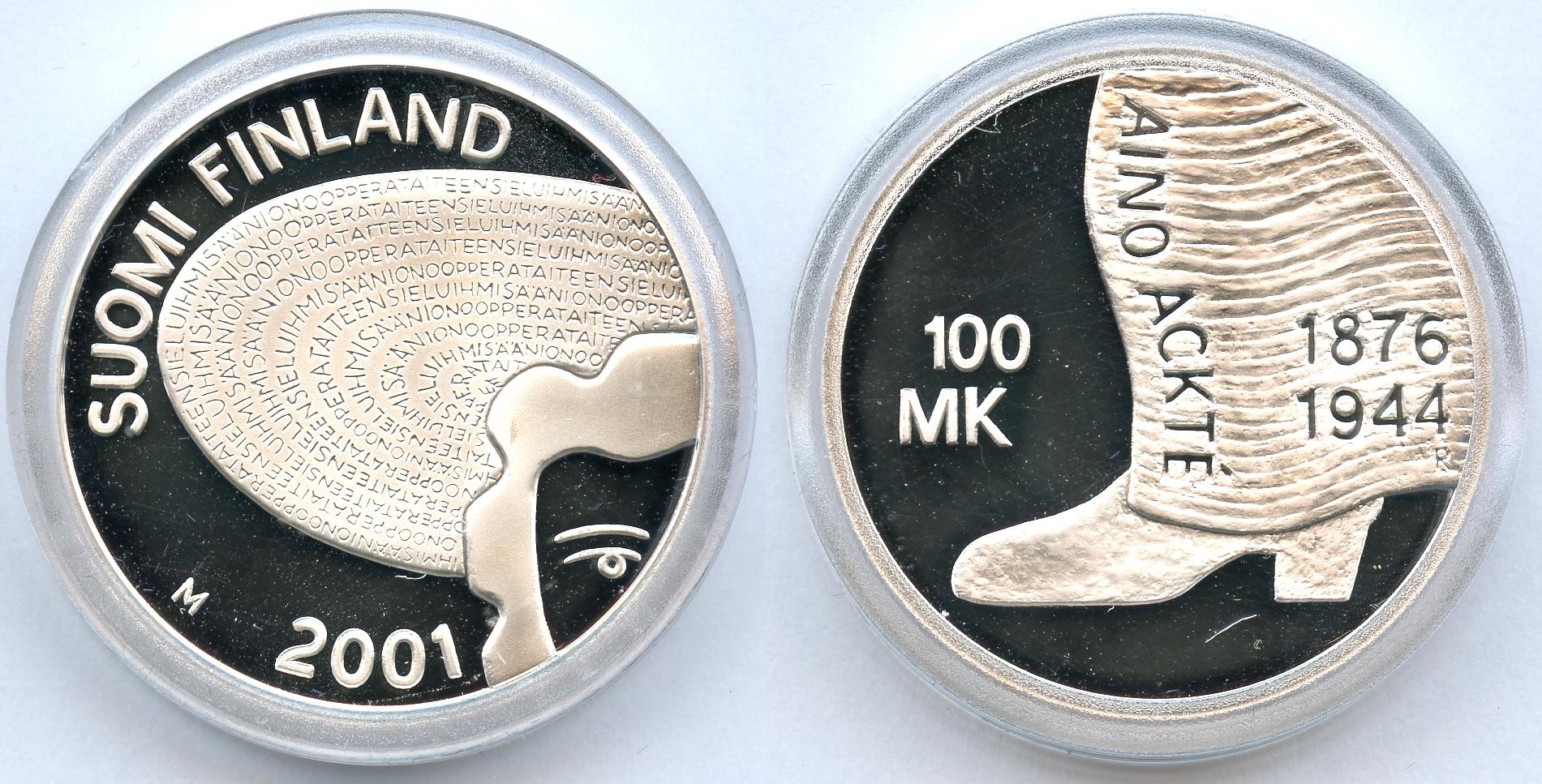100 Markkaa 2001 Aino Ackt proof Holmasto