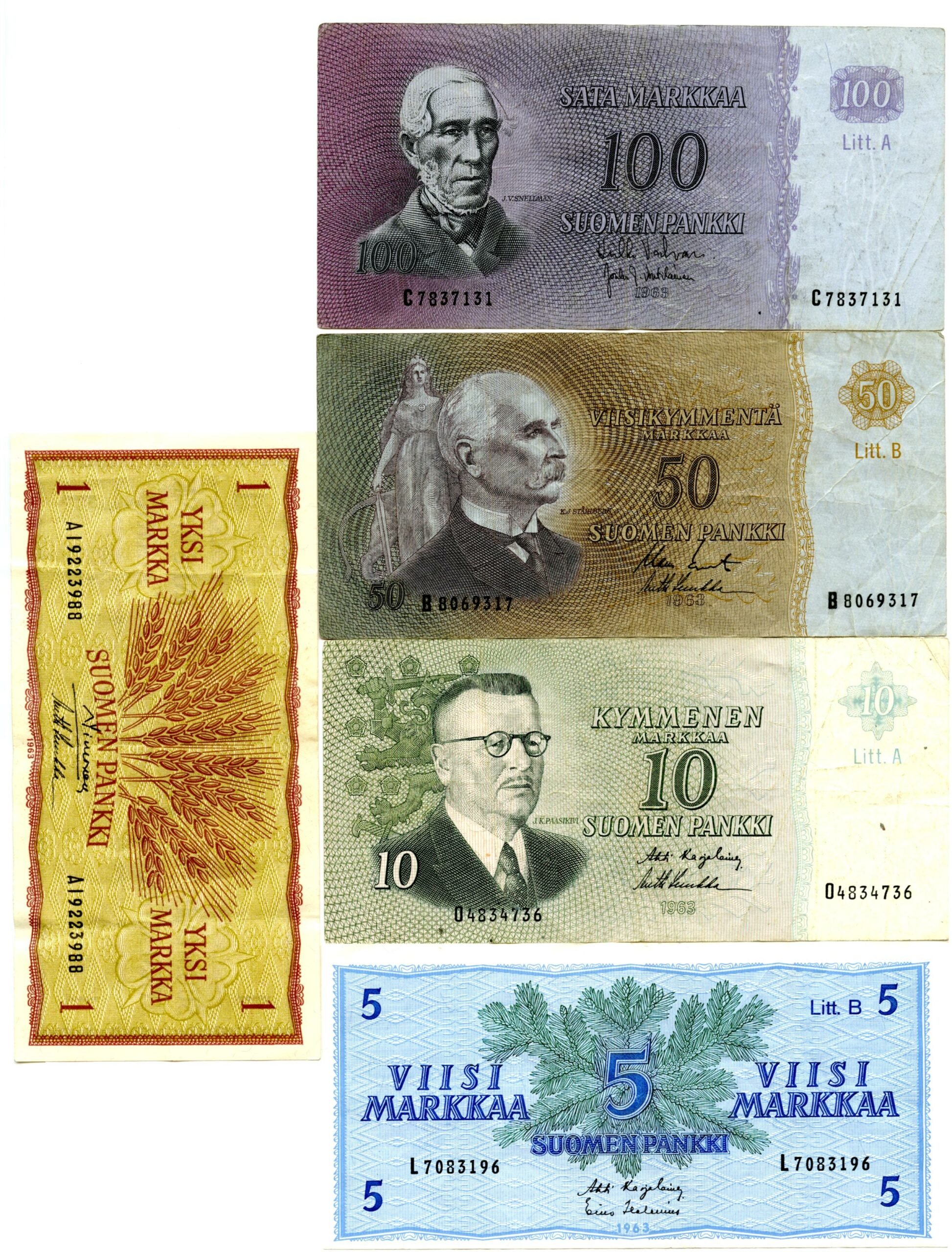 Erä: 1 markka 1963, 5 markkaa 1963 Litt B, 10 markkaa 1963 Litt A,50 ...
