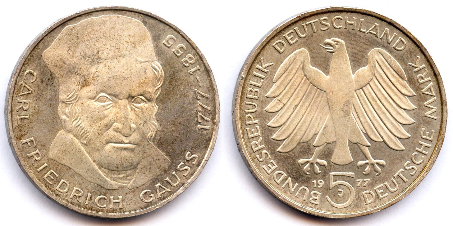 5 Deutsche Mark 1977 J. Carl Friedrich Gauss - Holmasto