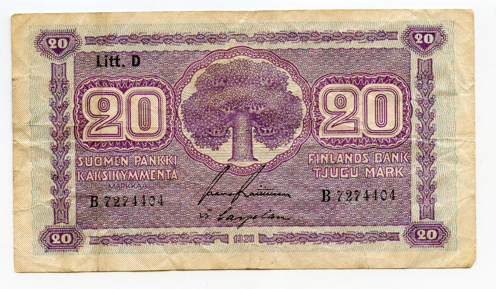 20 markkaa 1939 Litt D - Holmasto
