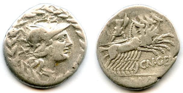 Gnaeus Gellius, 138 eKr. Denaari, Rooma. - Holmasto