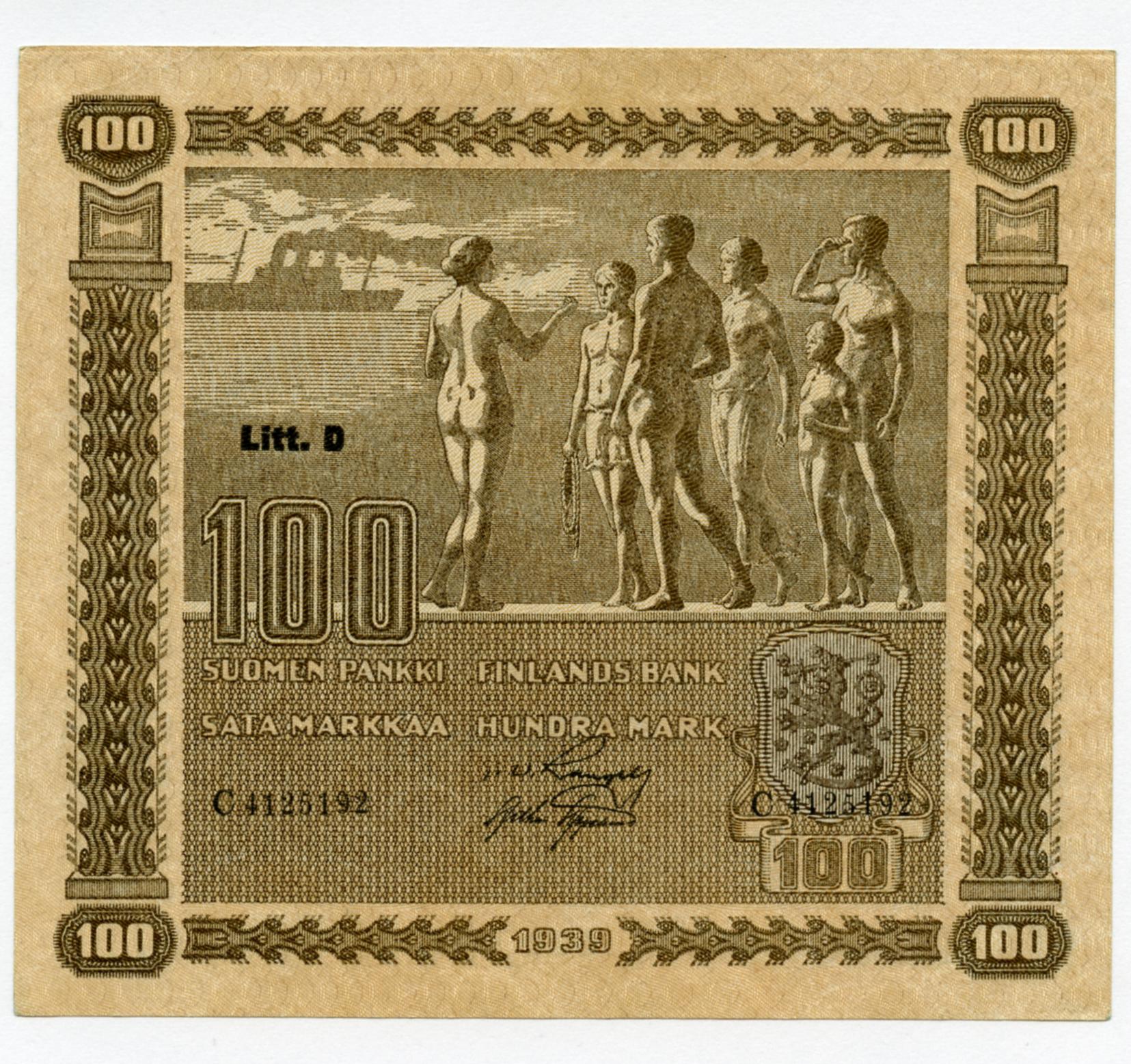 100 markkaa 1939 Litt D - Holmasto